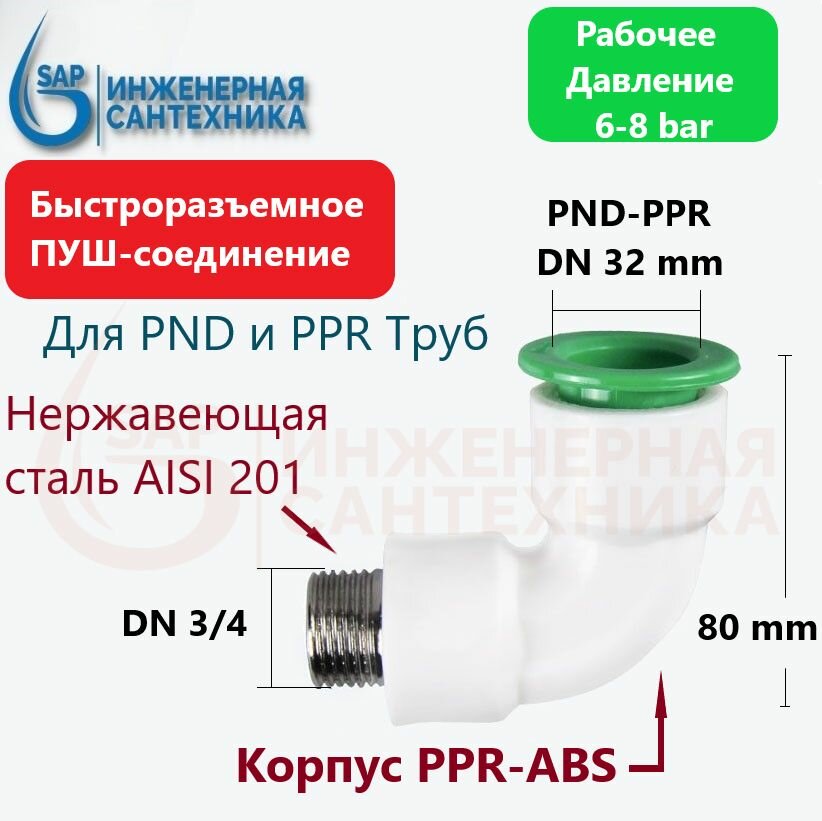 Отвод для ПНД и ППР труб DN 32-3/4 НР, ПУШ-фитинг. 2 Штуки