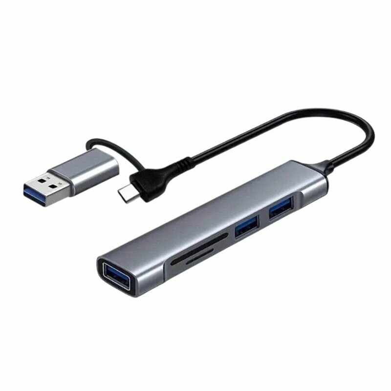 5-в-1 портативный алюминиевый разветвитель USB+Type C с кардридером USB3.0 для ПК, ноутбука и камеры