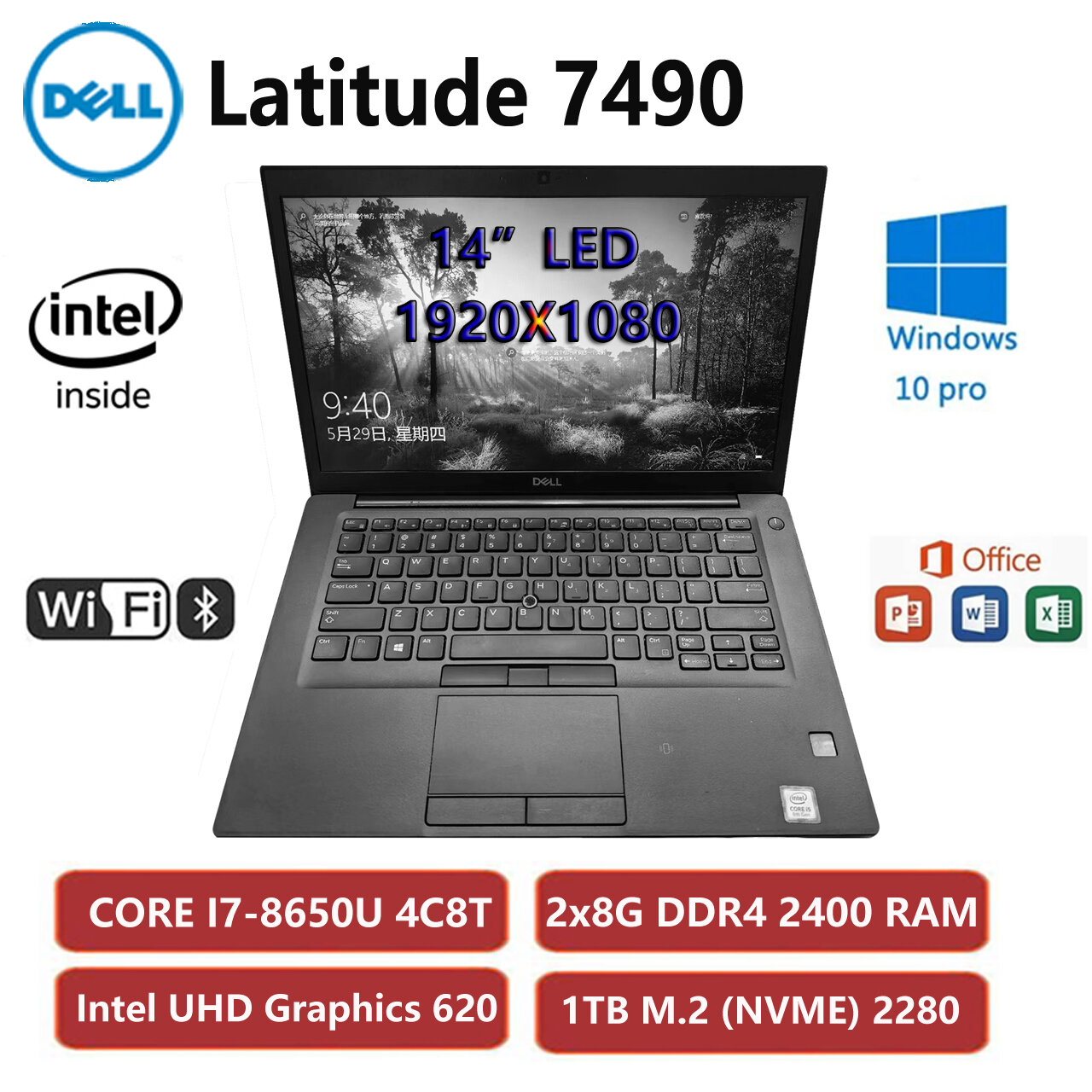 Подержанный ноутбук 14" DELL Latitude 7490( CORE I7-8650U+2X8GB DDR4 2400 RAM+1000G M.2 NVME SSD+Intel UHD 620 Видеокарта+1920X1080 IPS 4K) Win 10 pro