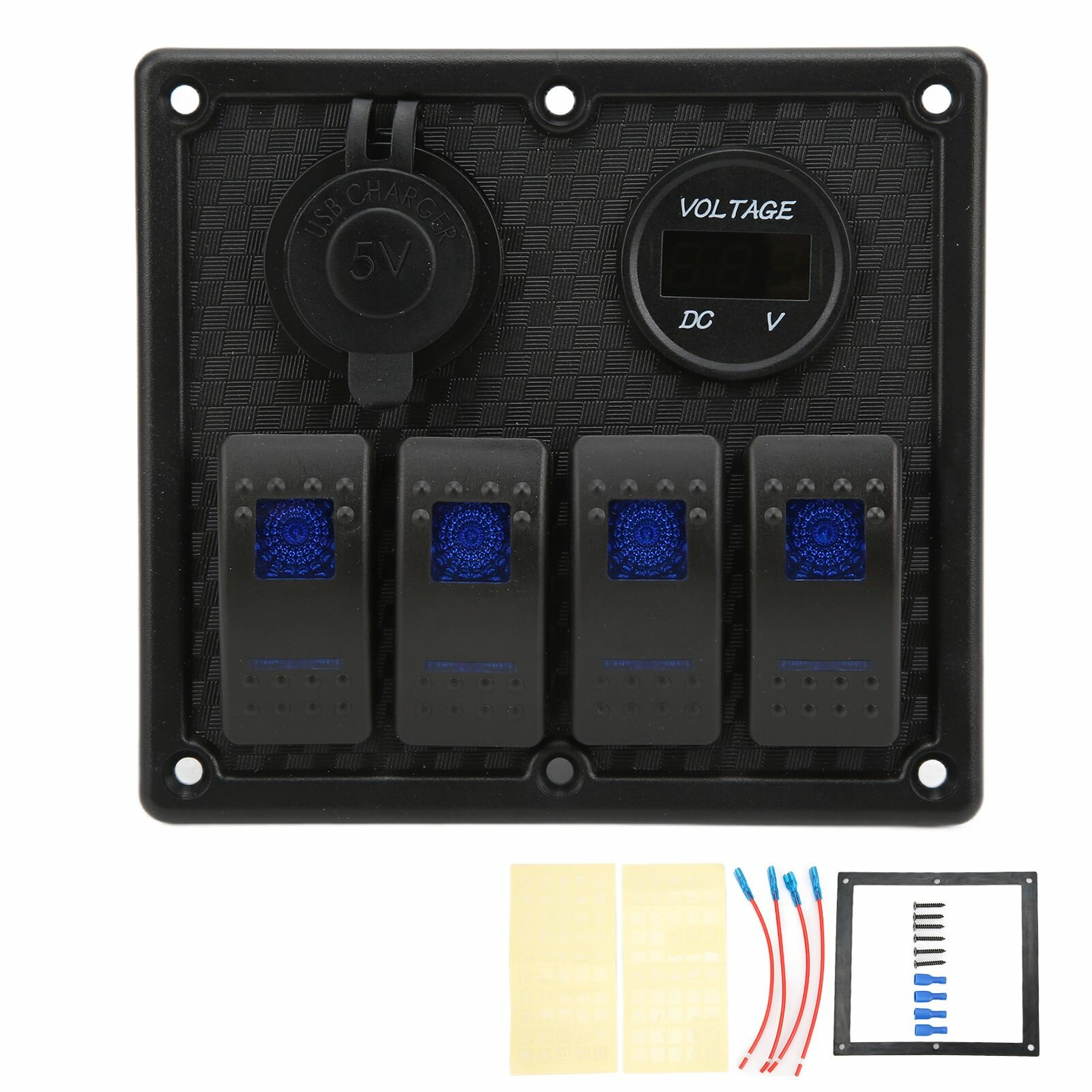 Панель с 4 кулисными переключателями 5Pin, вольтметром и 2 USB 4.8A для авто/RV/яхт (синяя)