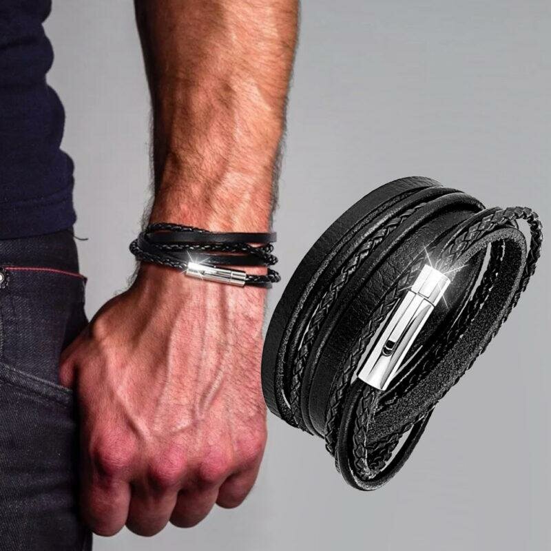 Плетеный браслет, металл, кожа