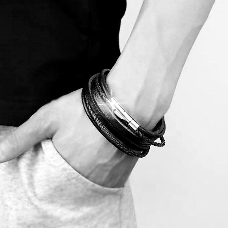 Плетеный браслет, металл, кожа