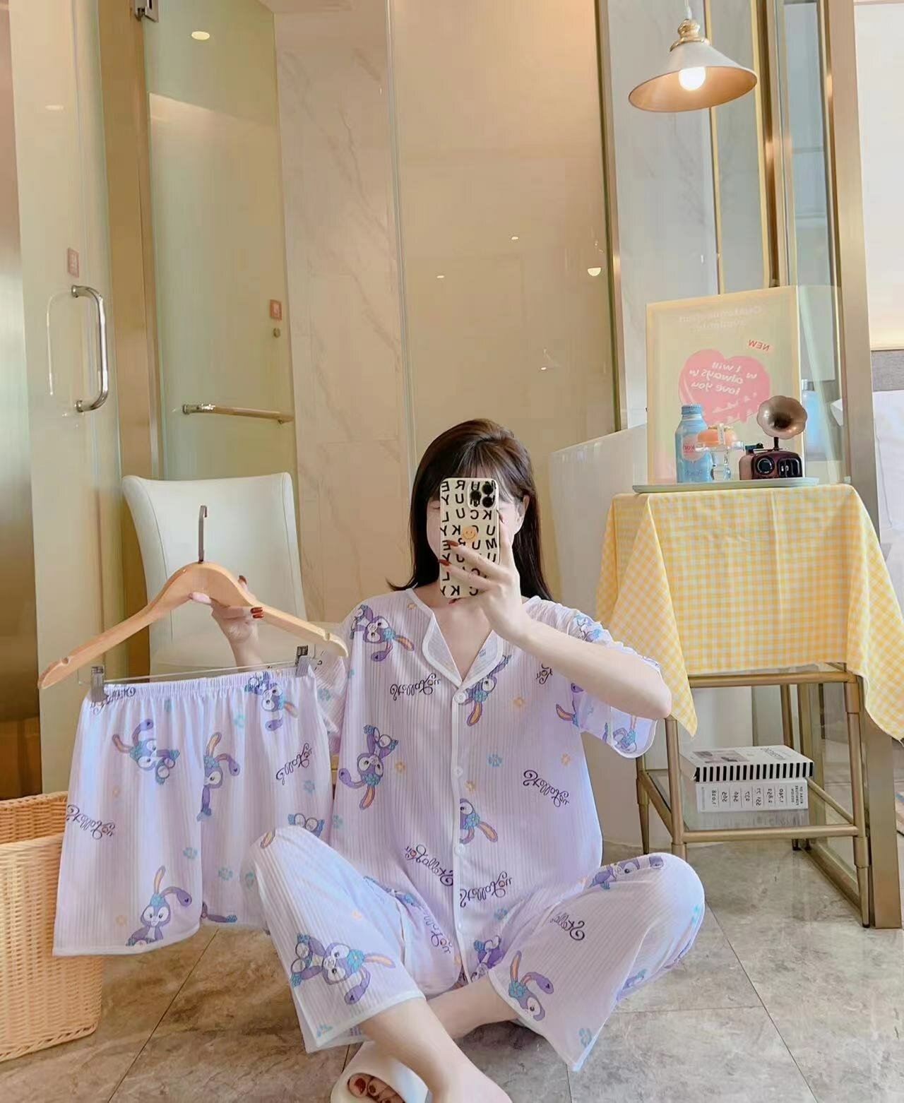 Весенне-осенний женский пижамный комплект из трех предметов, стильный костюм с короткими рукавами, свободный край, милая домашняя одежда для девочек, размер:2XL