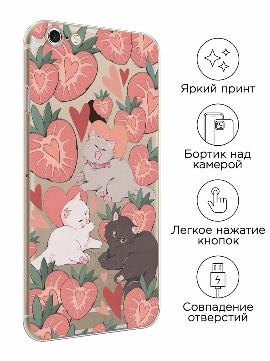 Чехол на Apple iPhone 6 Plus/6S Plus / Айфон 6 Плюс/Айфон 6С Плюс с принтом "Клубничные котики", прозрачный — фото 1