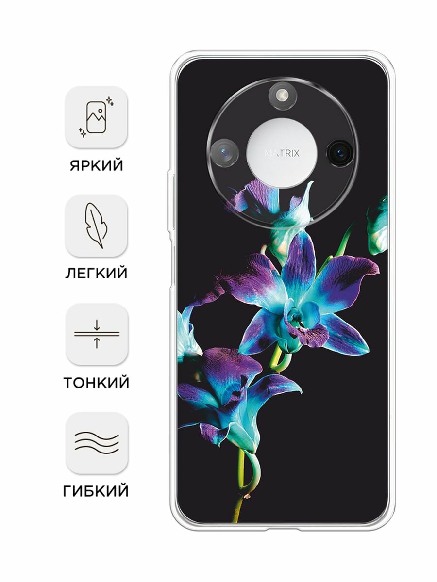 Чехол на Honor X9c Smart / Хонор X9c Смарт с принтом "Синий цветок на черном" — фото 1