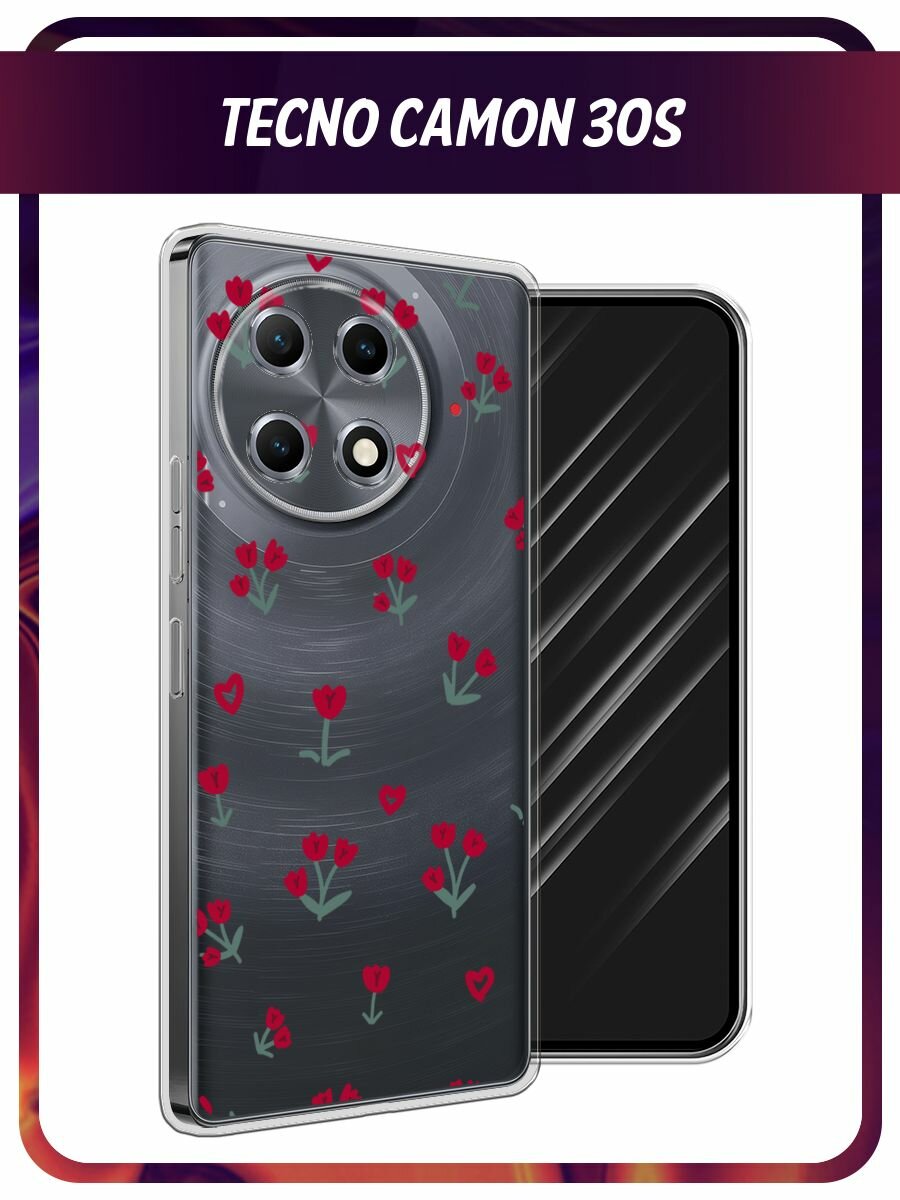 Чехол на Tecno Camon 30S / Текно Камон 30S с принтом "Красные тюльпанчики", прозрачный