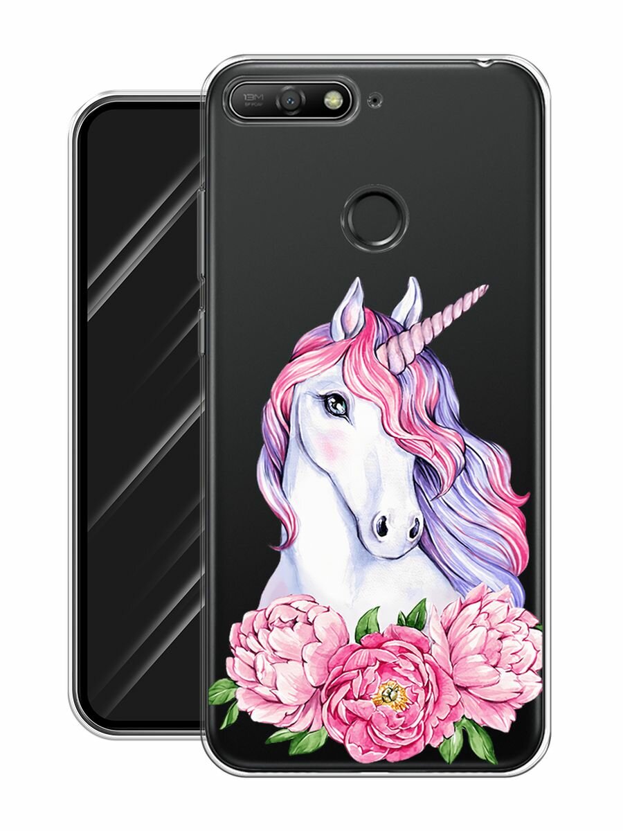 Чехол на Honor 7C/7A Pro/Huawei Y6 Prime 2018 / Хонор 7С/7А Про с принтом "Единорог с пионами", прозрачный — фото 1