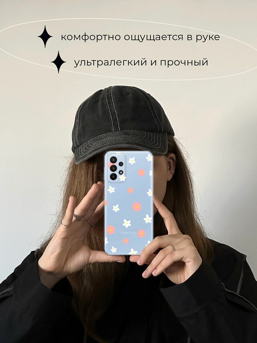 Чехол на Samsung Galaxy A23 / Самсунг Галакси А23 с принтом "Розовые и белые цветы", прозрачный — фото 1
