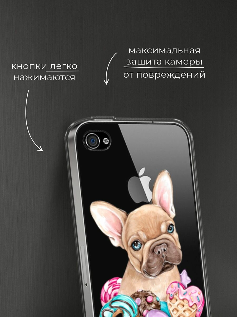 Чехол на Apple iPhone 4/4S / Айфон 4/4S с принтом "Бульдог и сладости", прозрачный — фото 1