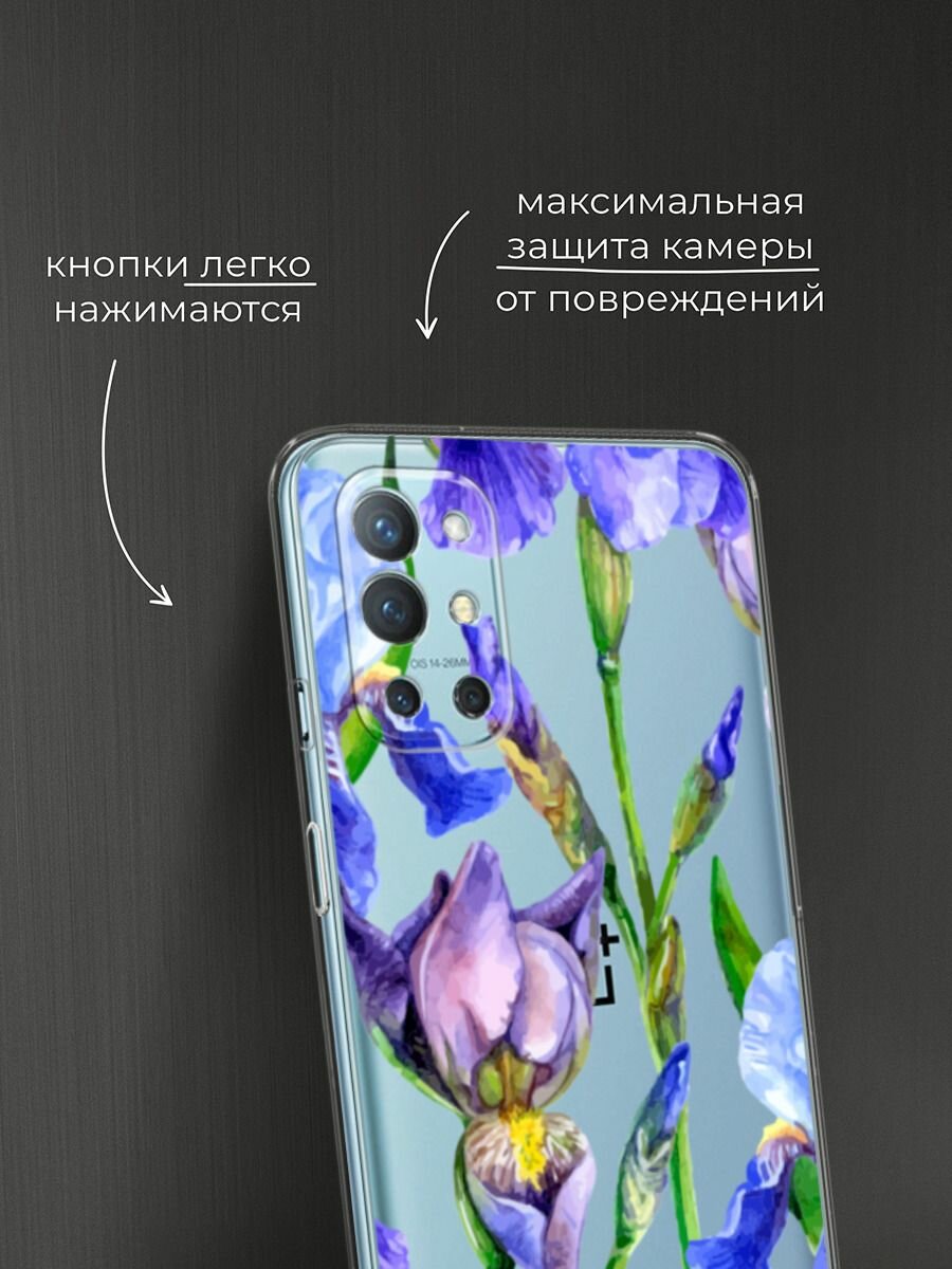 Чехол на OnePlus 9R / ВанПлас 9R с принтом "Синие ирисы", прозрачный — фото 1