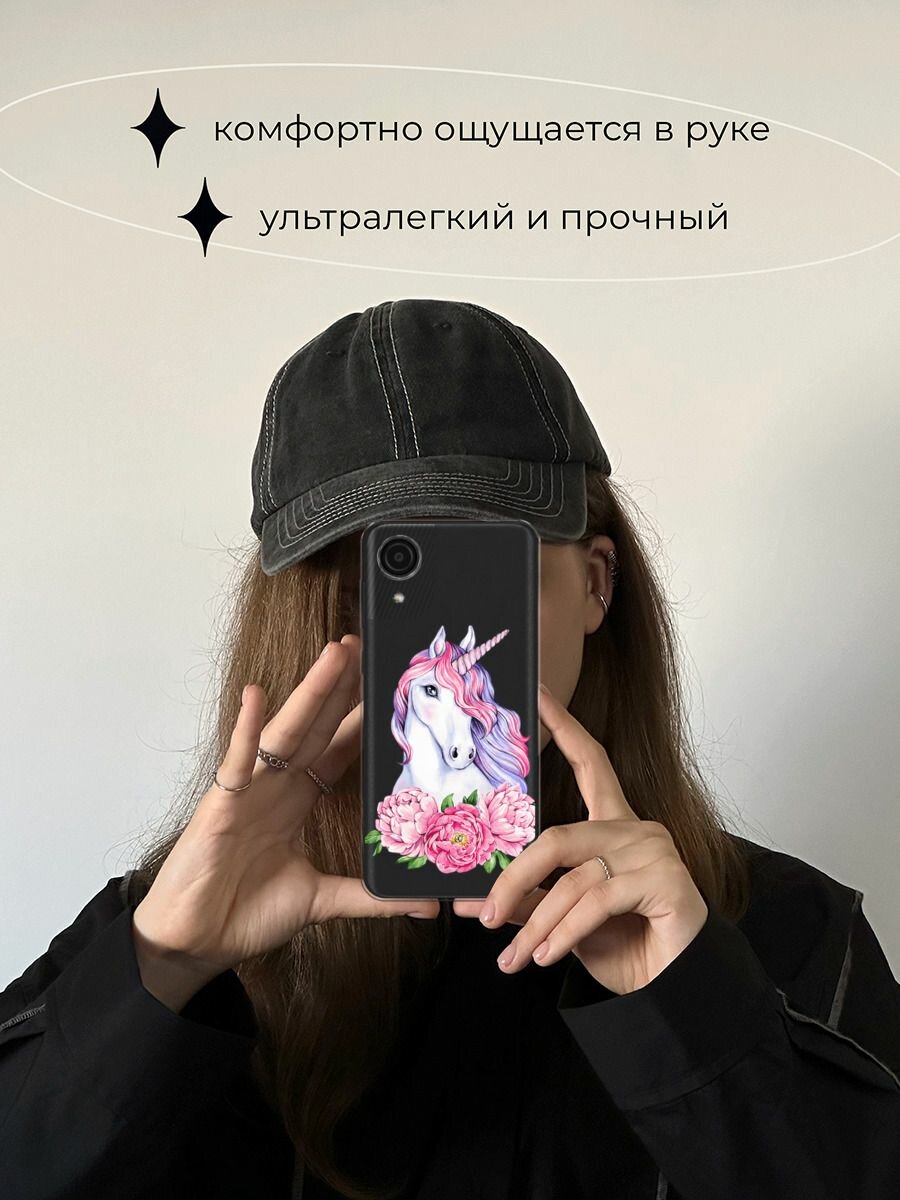 Чехол на Samsung Galaxy A03 Core / Самсунг Галакси А03 Core с принтом "Единорог с пионами", прозрачный — фото 1