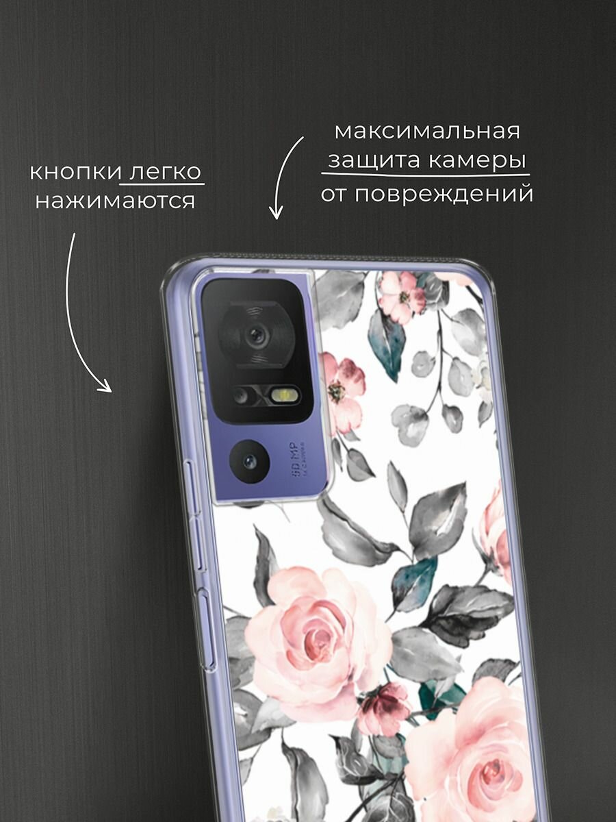 Силиконовый чехол на TCL 40 SE / ТСЛ 40 SE с принтом "Розы на белом" — фото 1