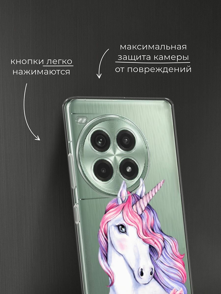 Чехол на OnePlus Ace 3 Pro / Ван Плас Эйс 3 Про с принтом "Единорог с пионами", прозрачный — фото 1