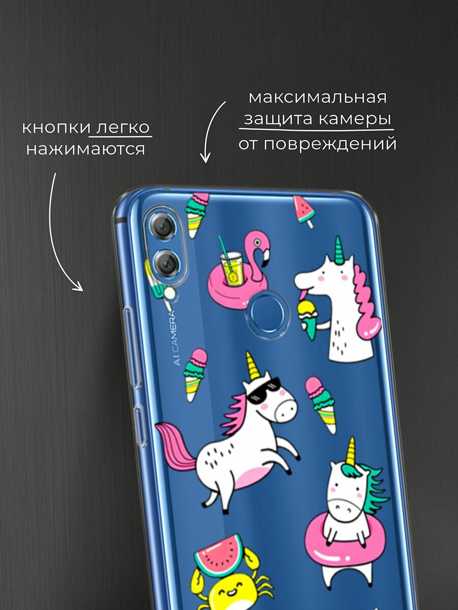 Чехол на Honor 8X / Хонор 8Х с принтом "Единороги в отпуске", прозрачный — фото 1