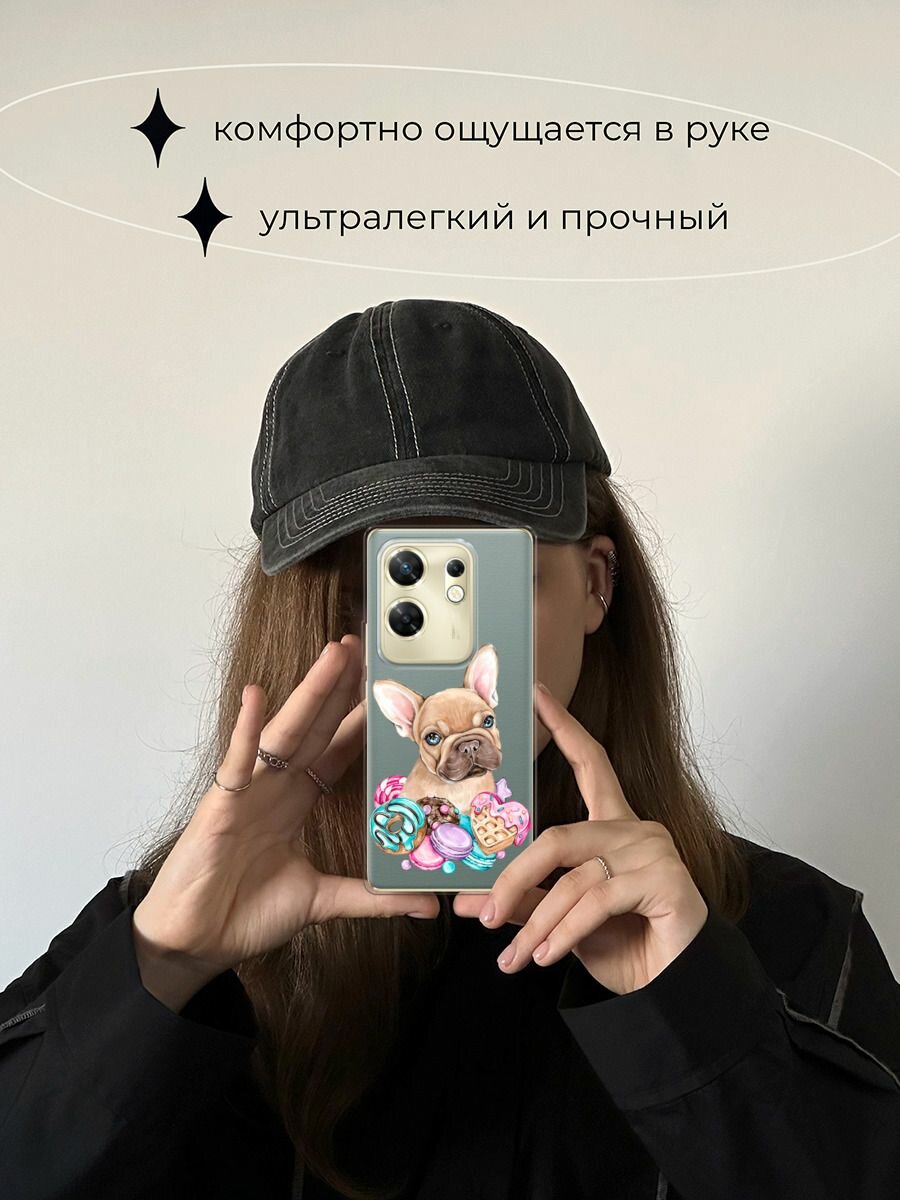 Чехол на Infinix Zero 30 4G / Инфиникс Зеро 30 4G с принтом "Бульдог и сладости", прозрачный — фото 1