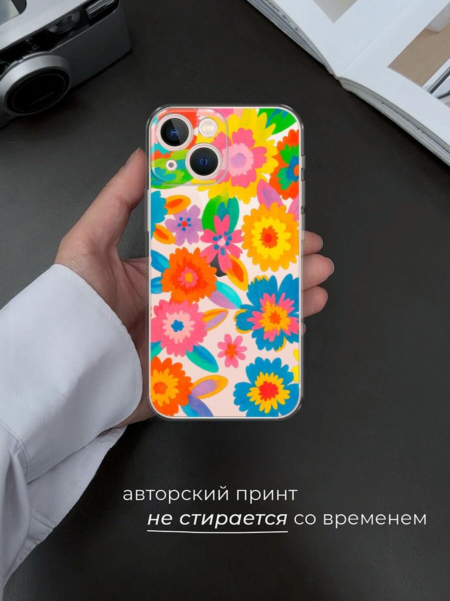 Чехол на Apple iPhone 13 mini / Айфон 13 мини с принтом "Абстрактные яркие цветы", прозрачный — фото 1