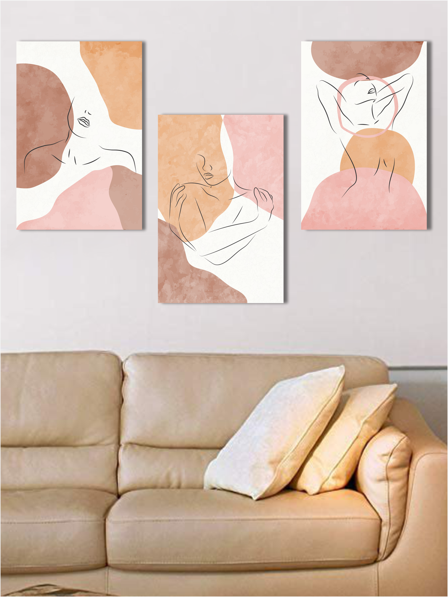 Модульная картина для интерьера на стену минимализм. Женские силуэты в нежных оттенках 40х60 см - 3 штуки на холсте на подрамнике