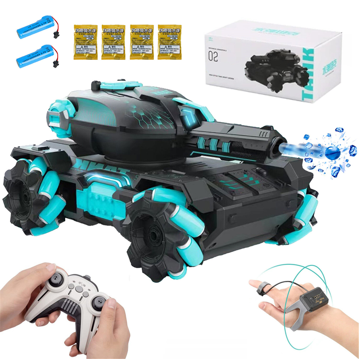 Танк для боя Двухрежимный, Боевой танк, Танк с управлением перчаткой, Боевая танк-машина на радиоуправлении 2.4 ГГц, Радиоуправляемый танк, стреляющий, Радиоуправление с жестовым сенсором, 4WD Танк с 360° вращением, способный запускать воду (Синий),