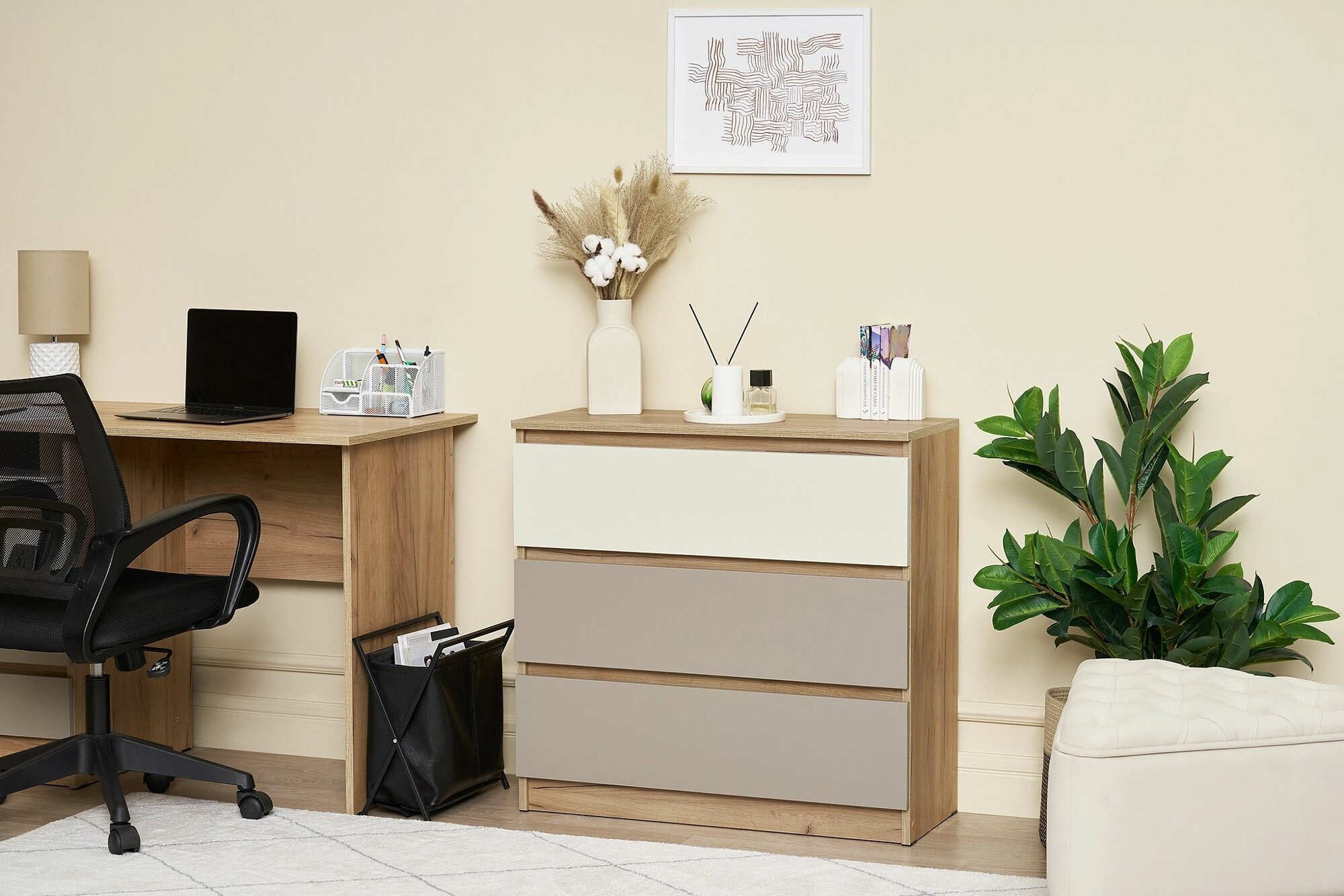 Челси Color Комод 3 ящика (800) (Слоновая кость/Глиняный серый/Дуб крафт)