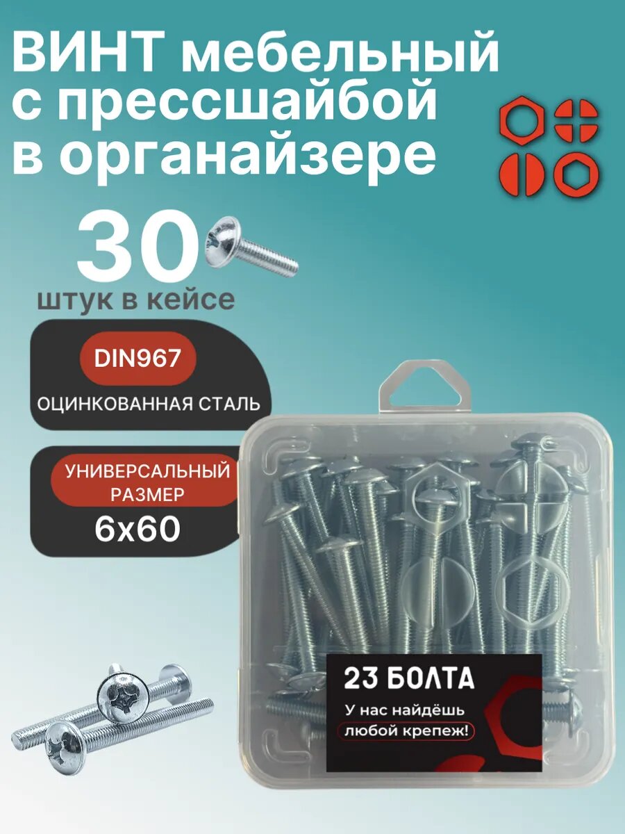 Винт с прессшайбой 6х60 DIN967 в органайзере, 30 шт