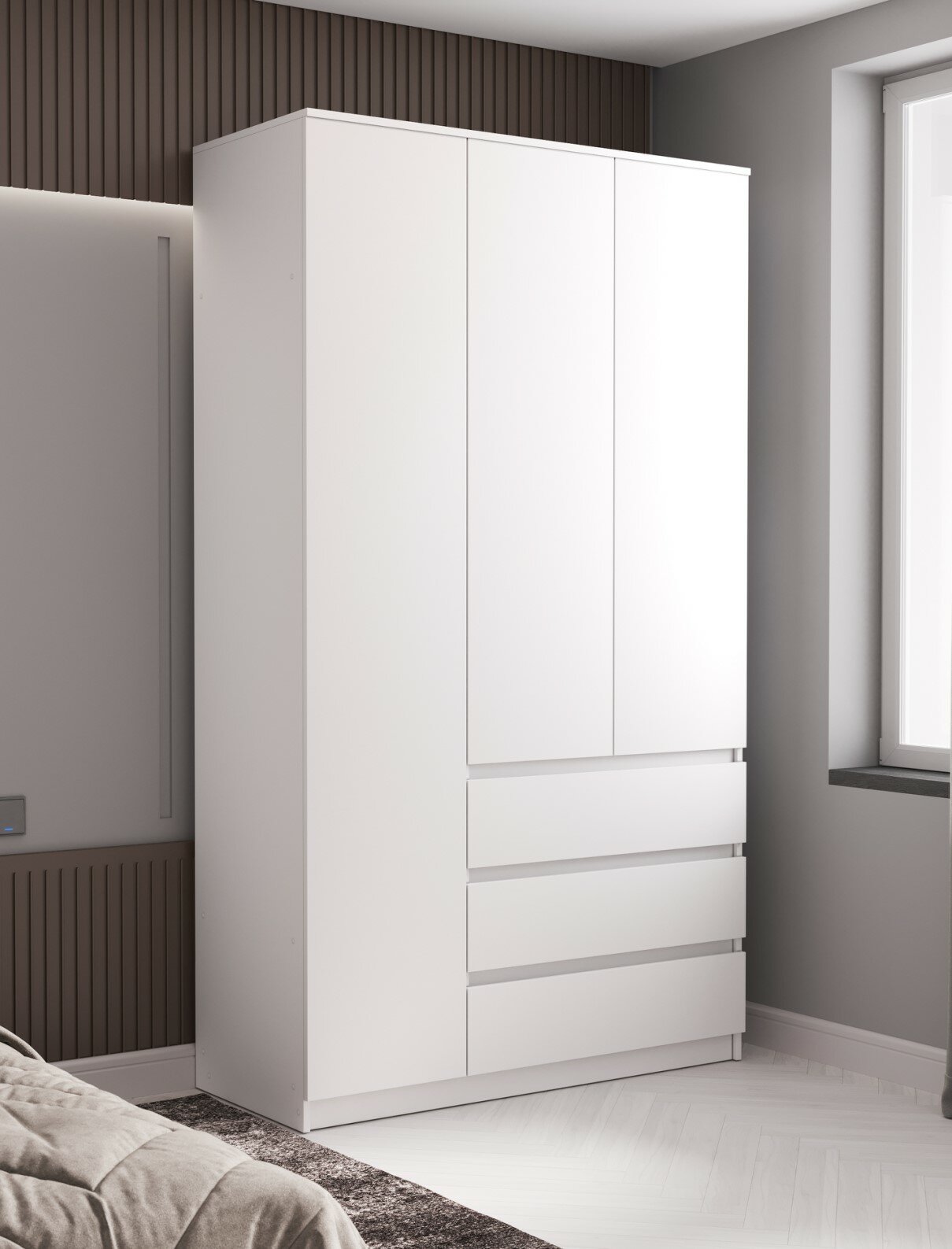 Трёхстворчатый распашной шкаф "Аванта" с вместительными ящиками, белый, размеры 120х210х50 см для хранения одежды.