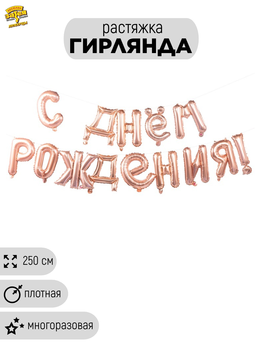 Гирлянда "С Днём Рождения" розовая из шаров печатная, длина ~250 см