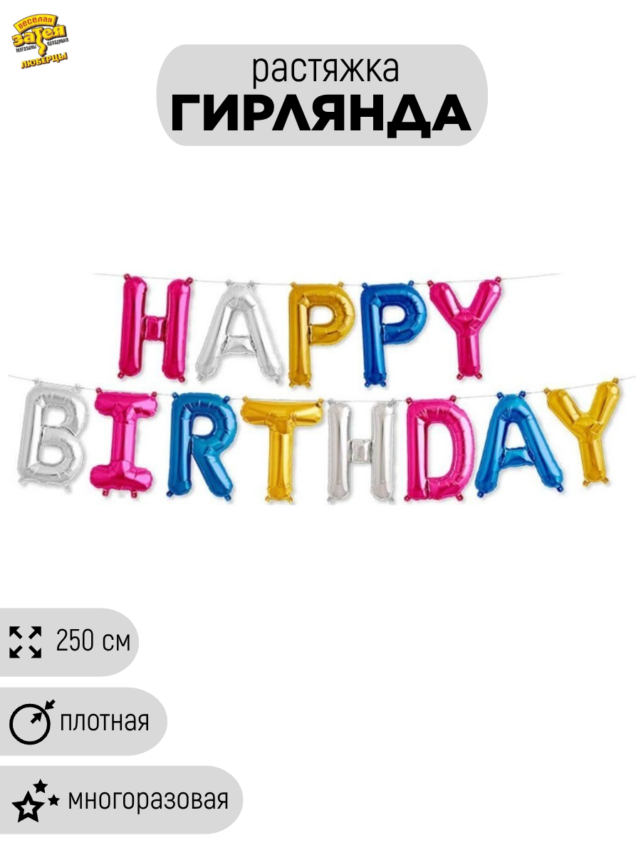 Гирлянда "HAPPY BIRTHDAY" мультиколор, длина ~250 см
