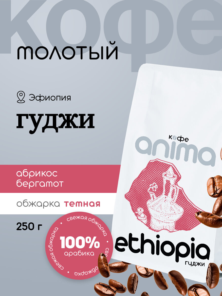 Кофе молотый Anima "Гуджи", 100% арабика, тёмная обжарка, Эфиопия мелкий помол 250гр