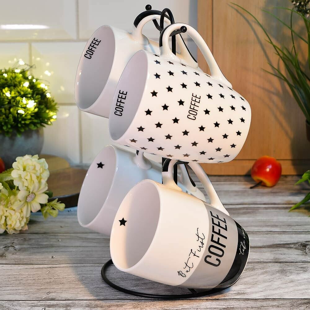 Кружки 4шт 380мл на подставке, керамика, белый цвет, с надписями