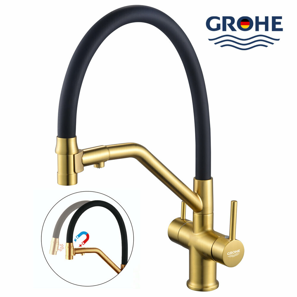 Кухонный смеситель Grohe с гибким изливом и подключением фильтра для воды, магнитная конструкция.