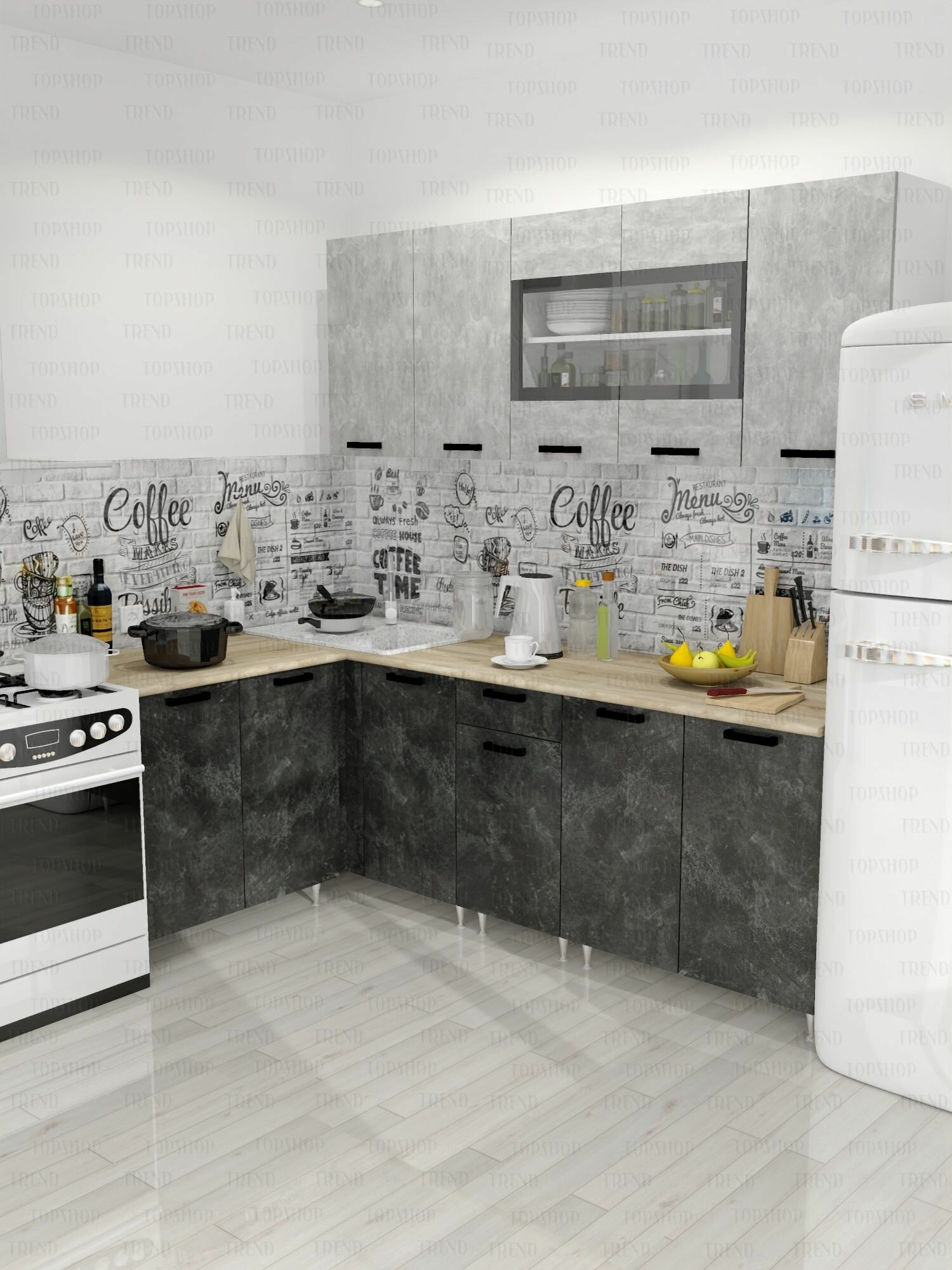 Угловой кухонный гарнитур 1.4х2.2 м, Бетон /Сонома