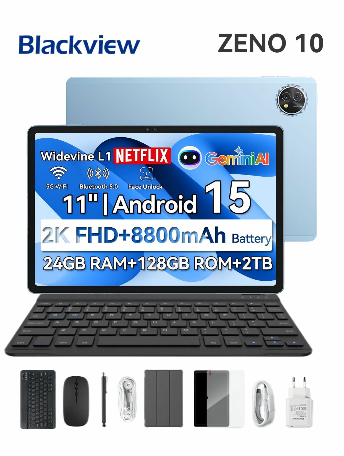 Планшет Blackview Zeno 10, 8 Гб, 128 Гб, экран 11 дюймов, Android 15, GPS, 5G, LTE, синий