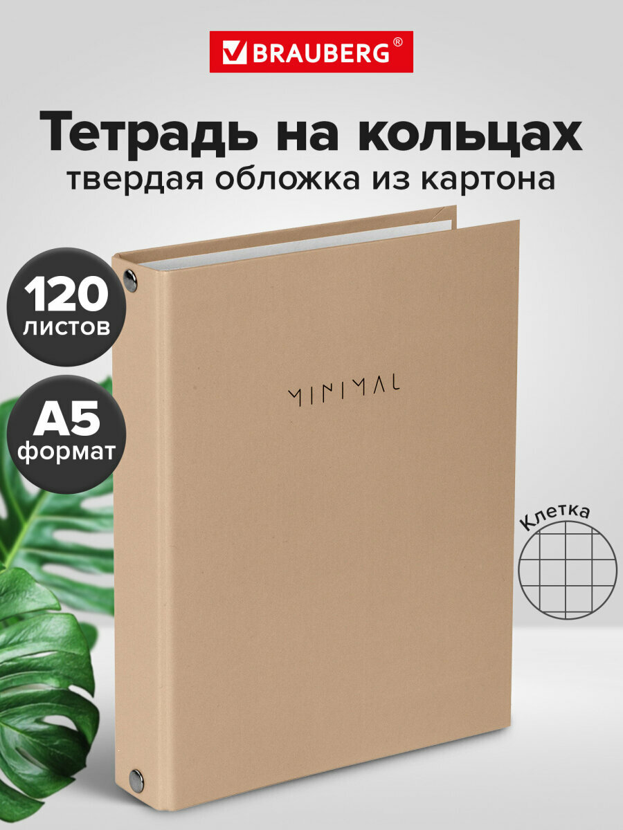 Тетрадь на кольцах А5 в клетку со сменным блоком 175х215 мм, 120 листов, обложка твердый картон, Brauberg Minimal beige, 404997