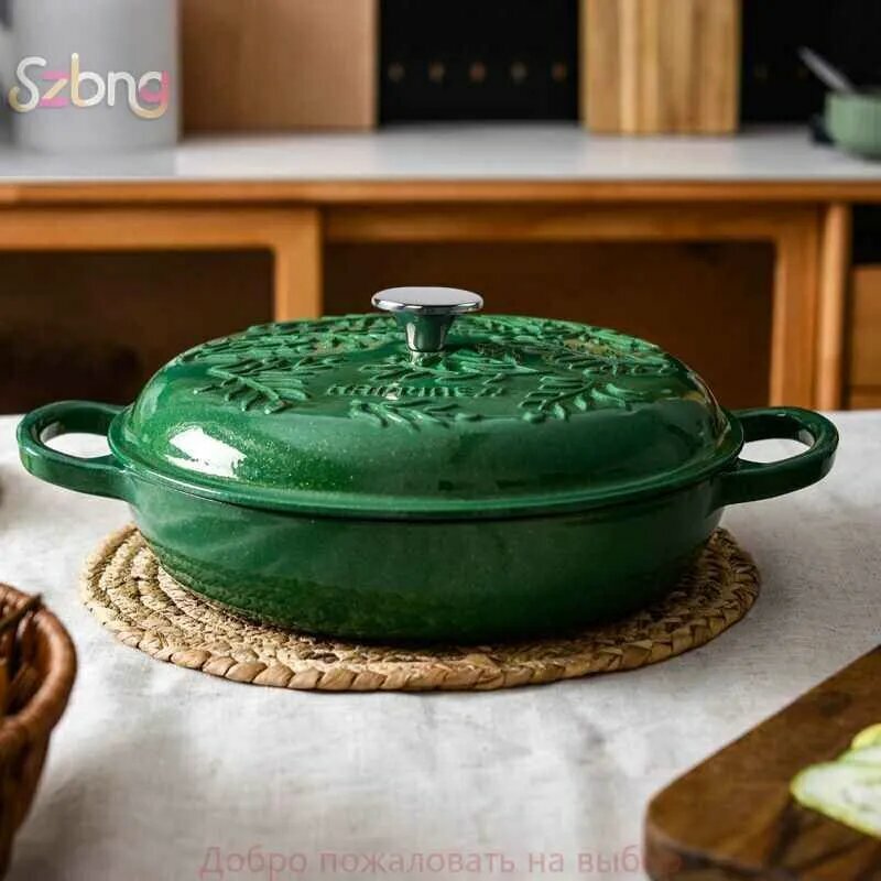 Кастрюля-сковородка GreenCast Iron, чугун, эмаль, 3л, для индукции, зеленая