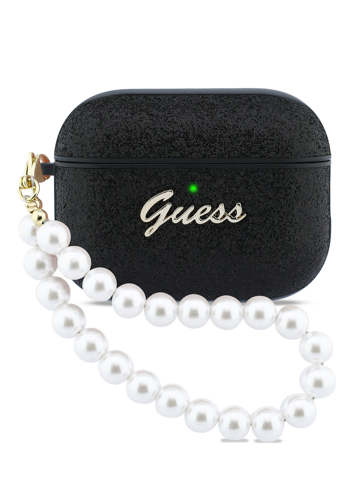 Чехол Guess для Airpods Pro 3, с блестками Glitter flakes, со шнурком на руку, черный