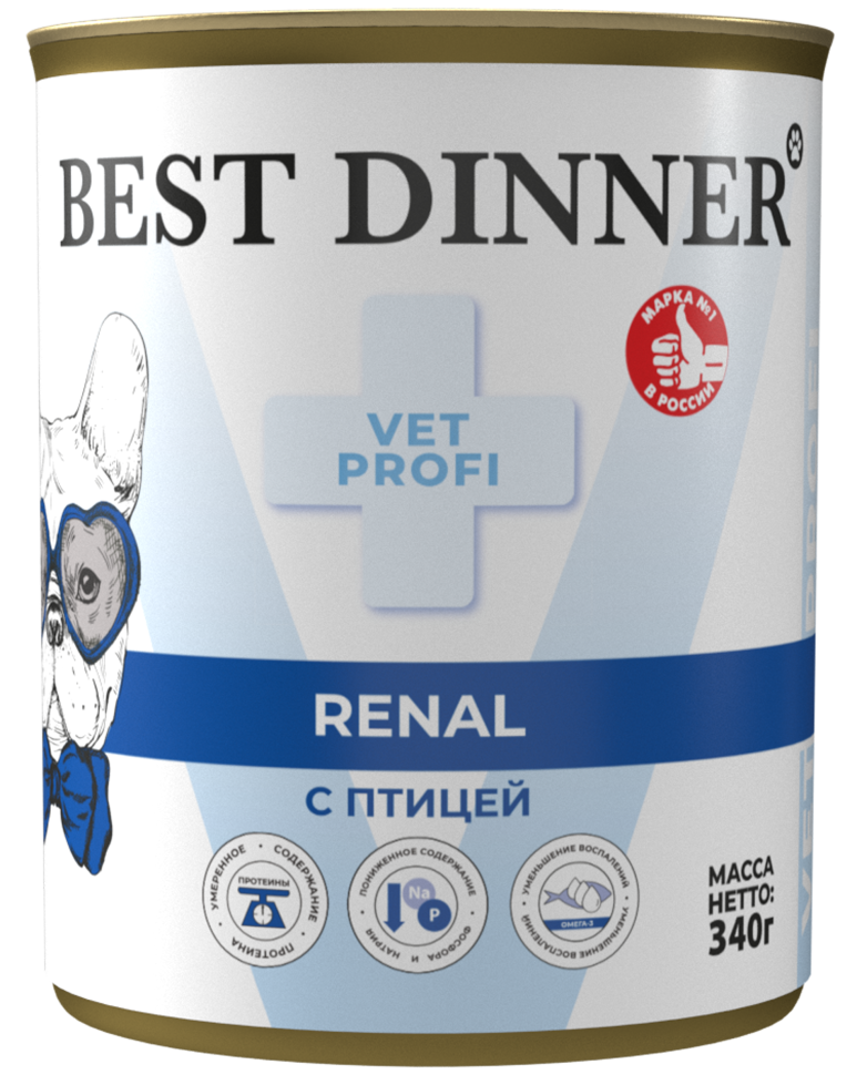 Влажный корм Best Dinner Vet Profi Renal для взрослых собак при заболеваниях почек с птицей, в консервах - 340 г х 12 шт