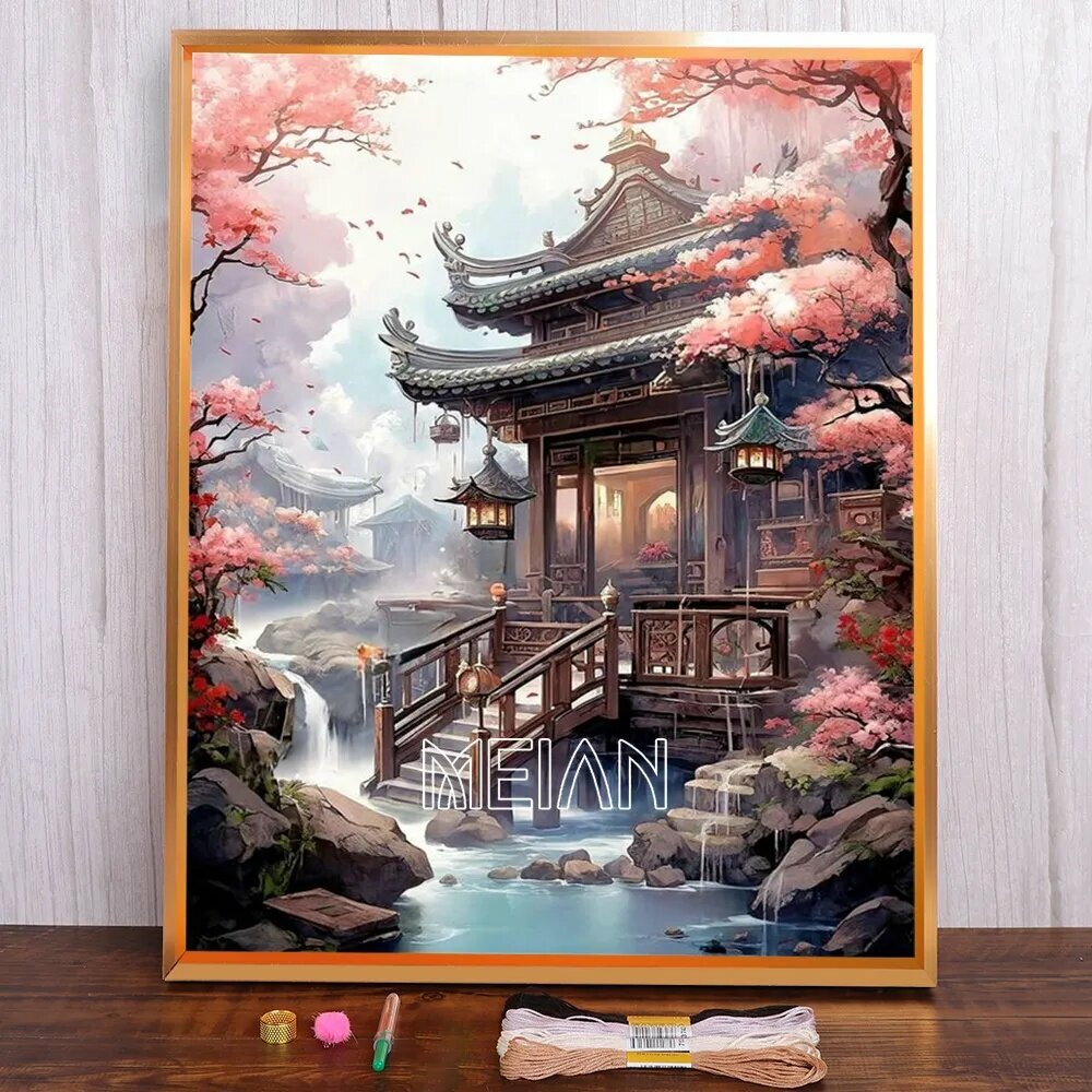 MEIAN Набор для вышивания,50x70CM,14CT, Архитектура в японском стиле