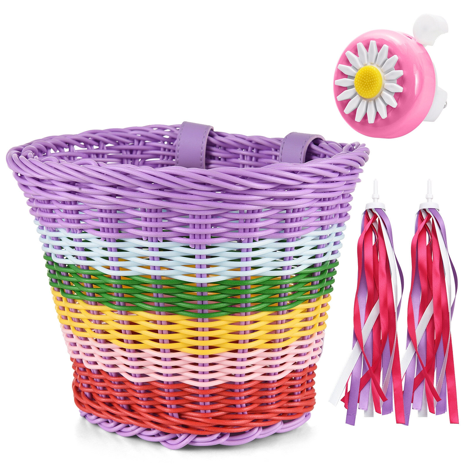 Корзина для детского велосипеда для девочек, аксессуары для передней части велосипеда с фланелями на руле, для детей возрастом 3-13 лет, набор для декорации велосипеда вручную, корзина для самоката, пластик, Розовый / Синий / Коричневый / Радуга, 22мм,