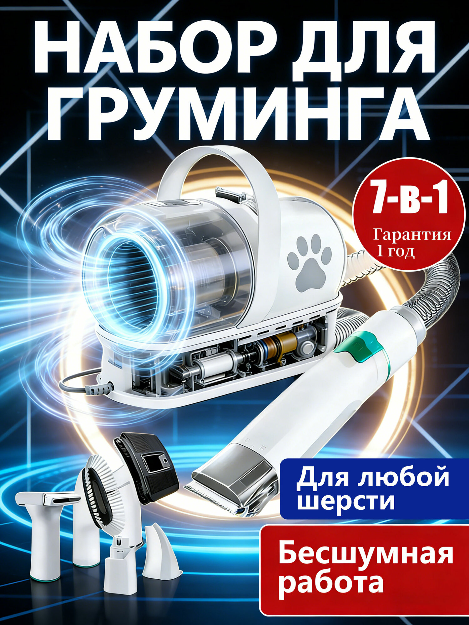 Машинка для стрижки собак с насадками, набор для груминга с пылесосом