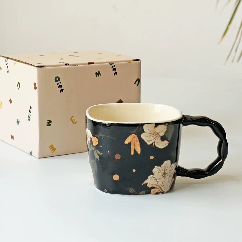 Французская ретро цветочная квадратная керамическая кофейная кружка большой емкости, креативная чашка для воды, чашка