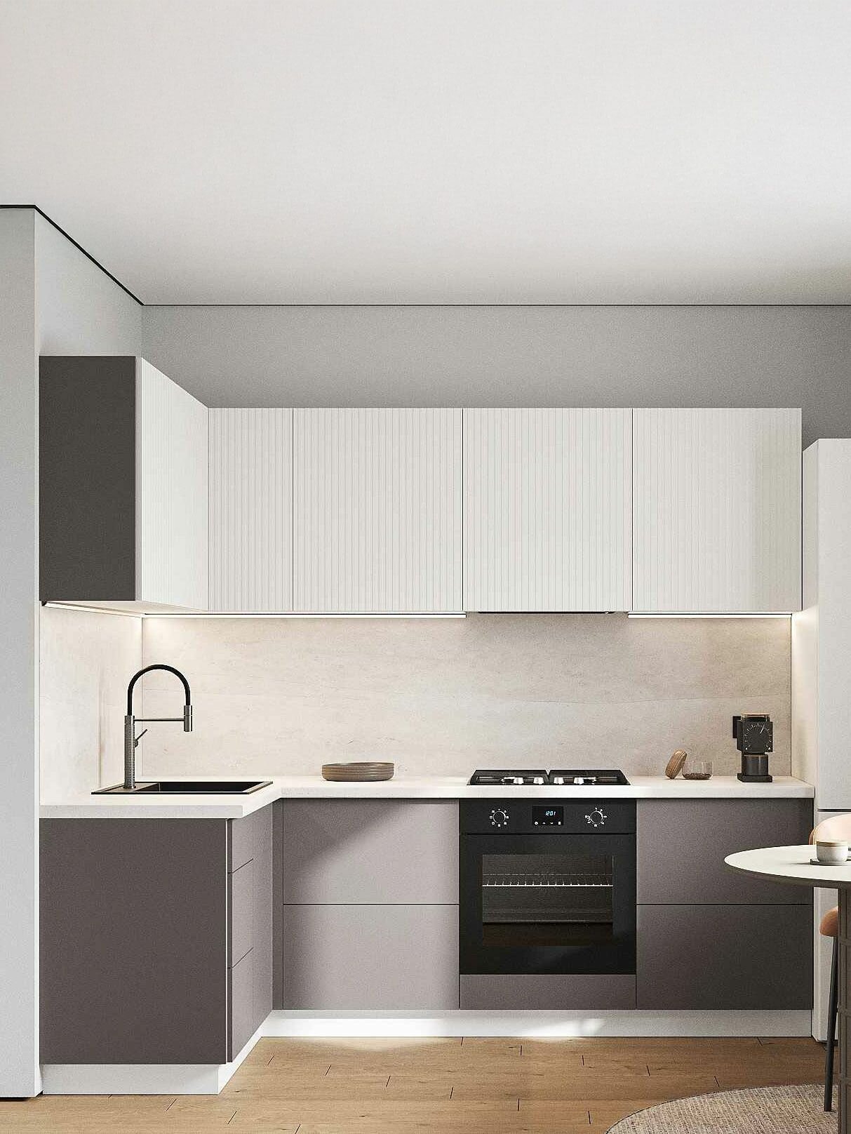 Кухонный гарнитур угловой Комби 2.4х1.4 м, мебель для дома и кухни, Белый / Бланж / Грей