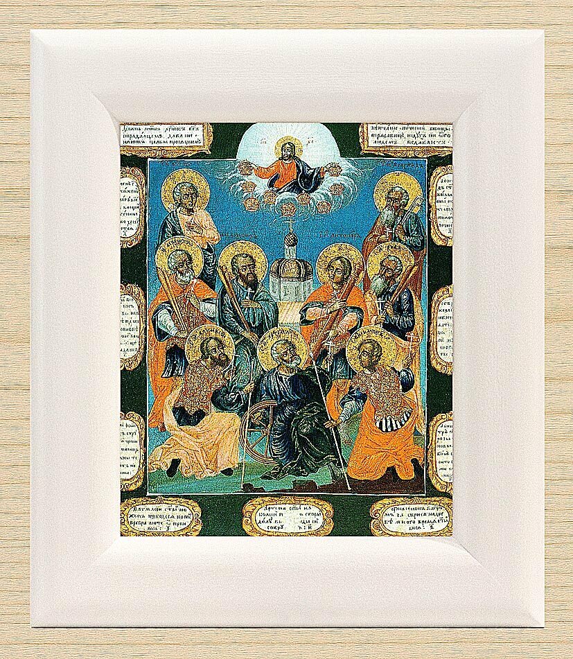Девять мучеников Кизических, XVIII в, икона в широкой белой деревянной рамке 14,5*16,5 см