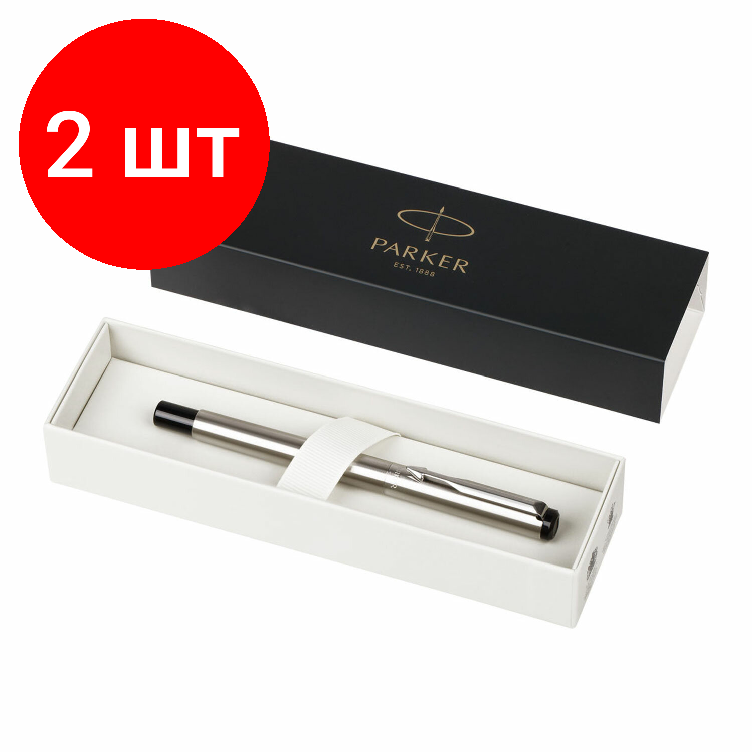 Комплект 2 шт, Ручка перьевая PARKER "Vector Stainless Steel", корпус серебристый, детали из нержавеющей стали, синяя, S0029690