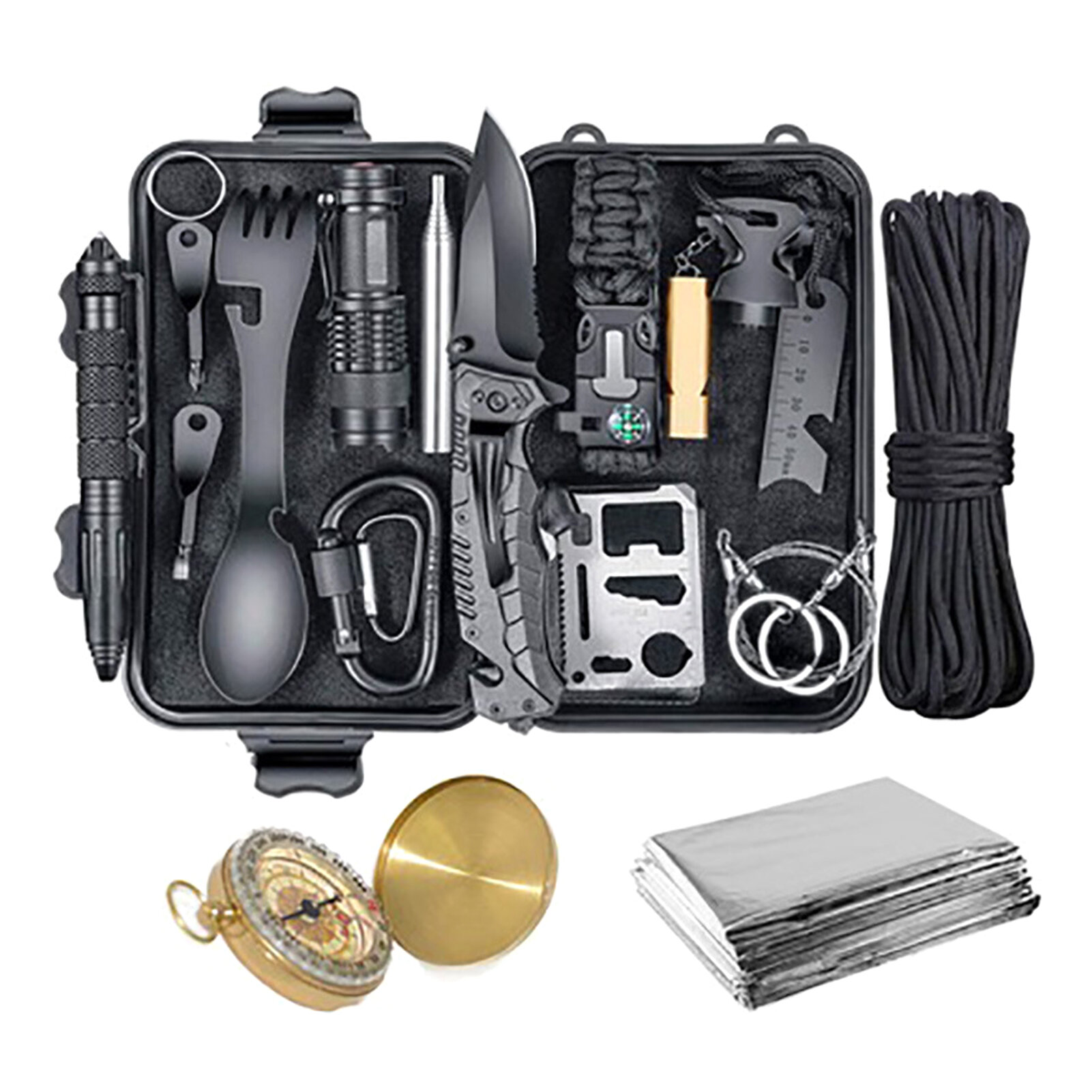Набор выживания многофункциональный SOS EDC Survival Gear Tool Emergency Set для кемпинга рыбалки охоты походов использования на открытом воздухе портативный, 1* скребок/фонарик (батарейка AA не в комплекте), 1* нож для выживания, 1* компас, 1*