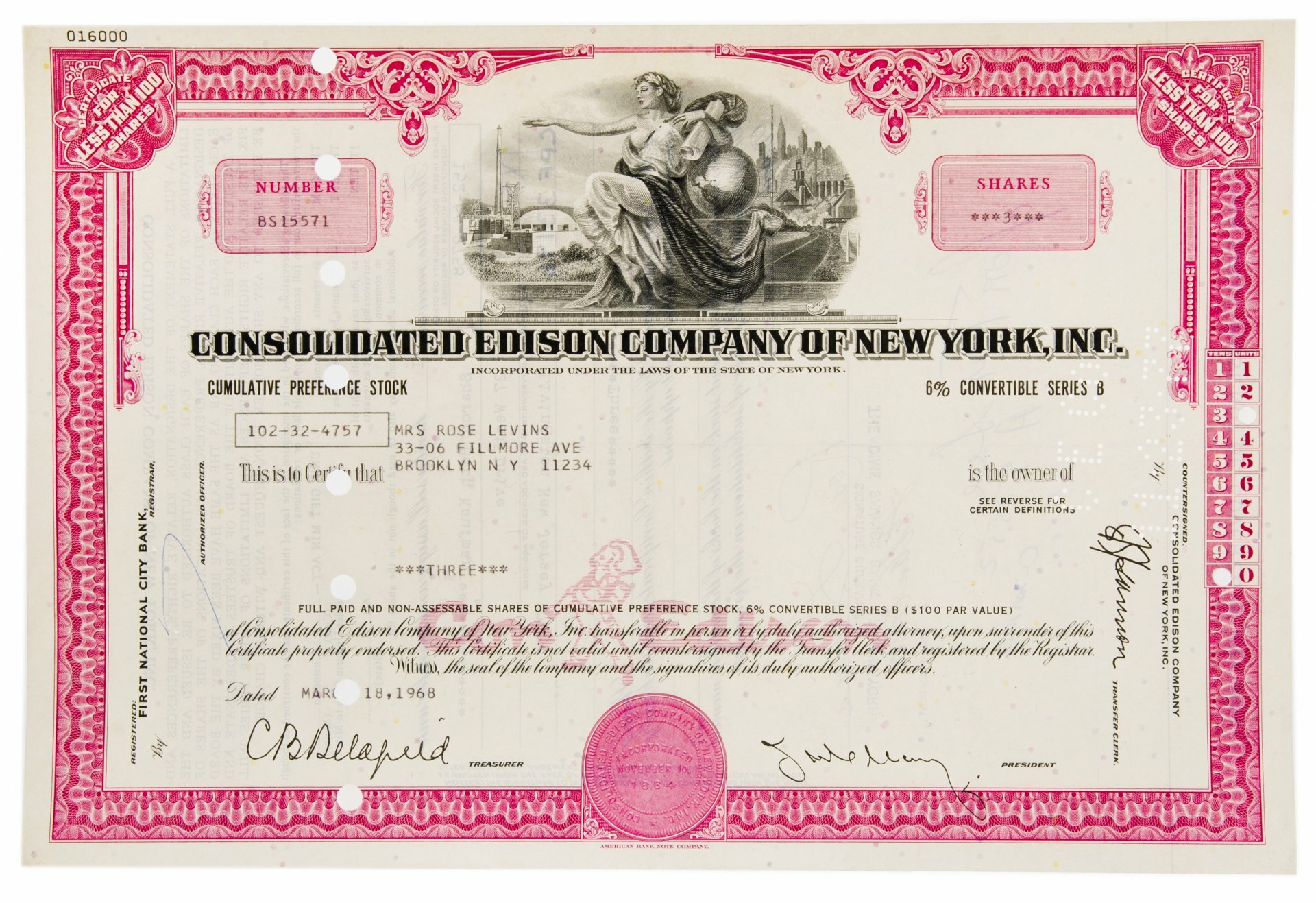 Акция США CONSOLIDATED EDISON COMPANY OF NEW YORK, INC , 1968- 1971 гг