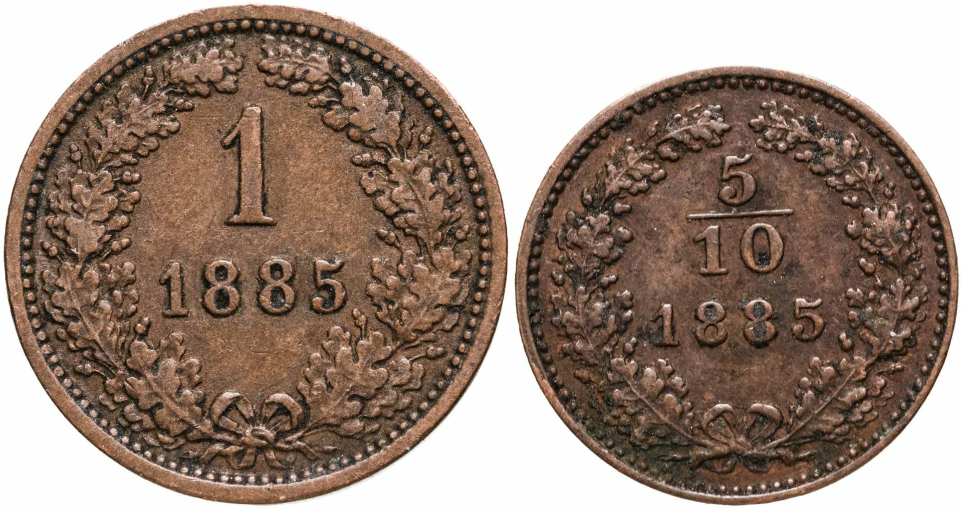 Австрия набор 5/10 и 1 крейцер 1885, новый тип 5/10, Медь, в сохранности VF