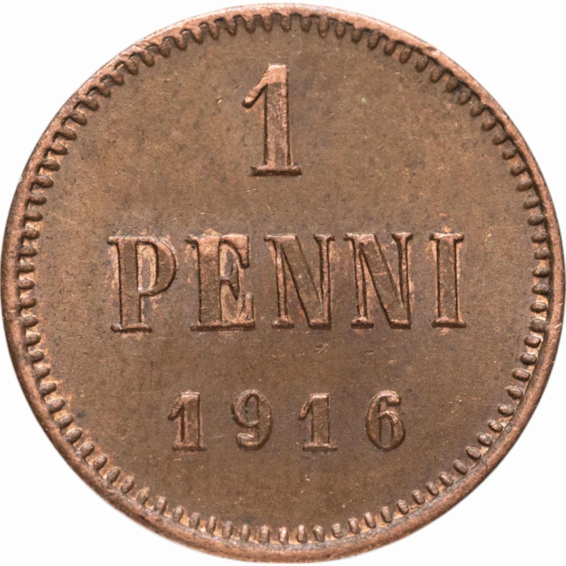 1 пенни penni 1916 Российская Финляндия, Медь, в сохранности AU