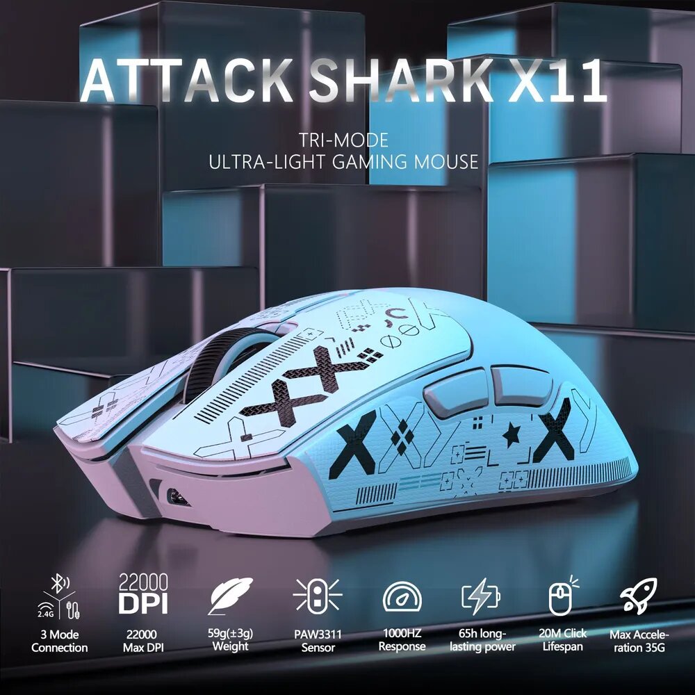 ATTACK SHARK X11 Игровая мышь беспроводная, белый, черный матовый