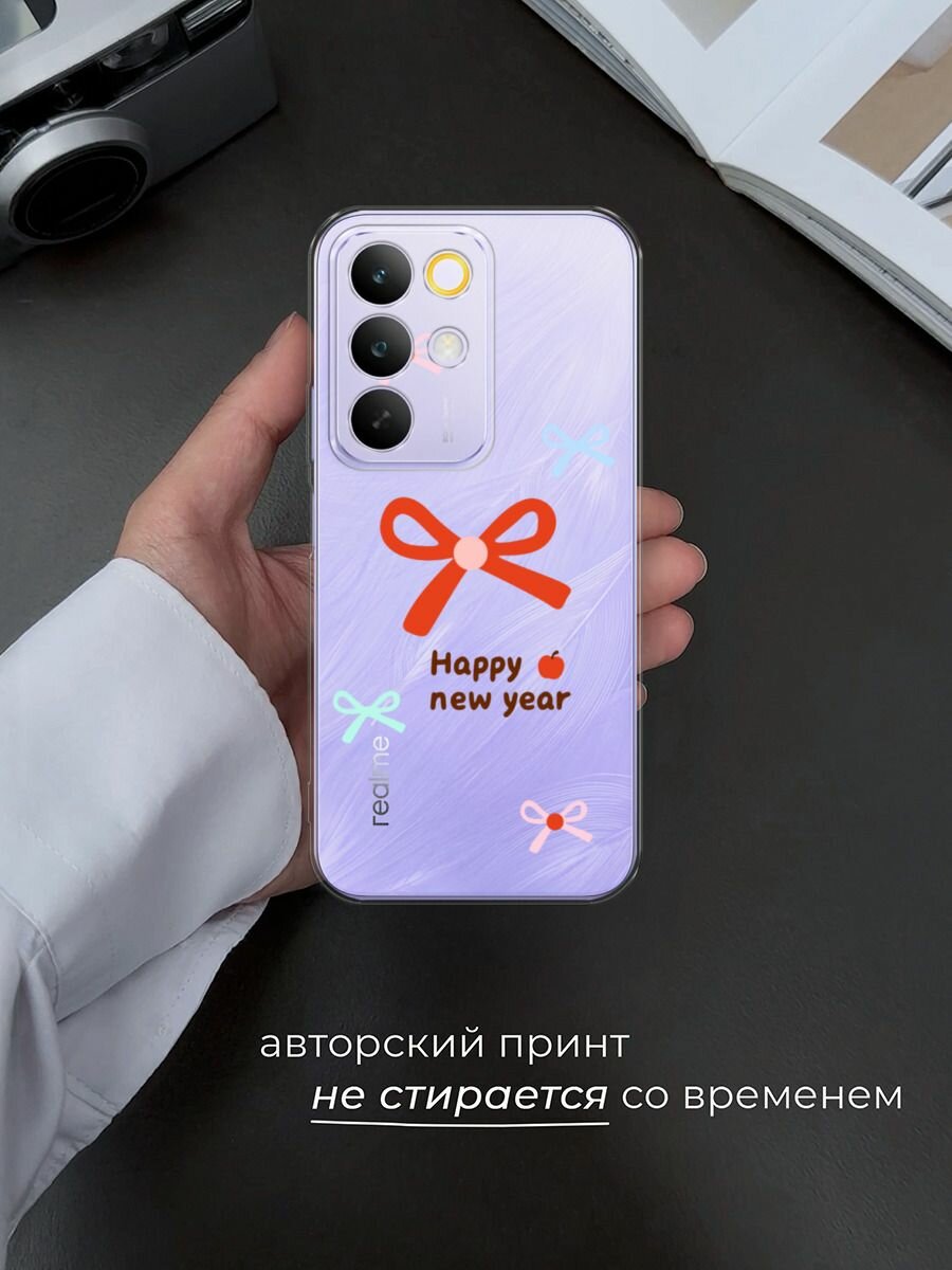 Чехол на Realme C85 / Реалми C85 с принтом Бантик happy new year, прозрачный — фото 1