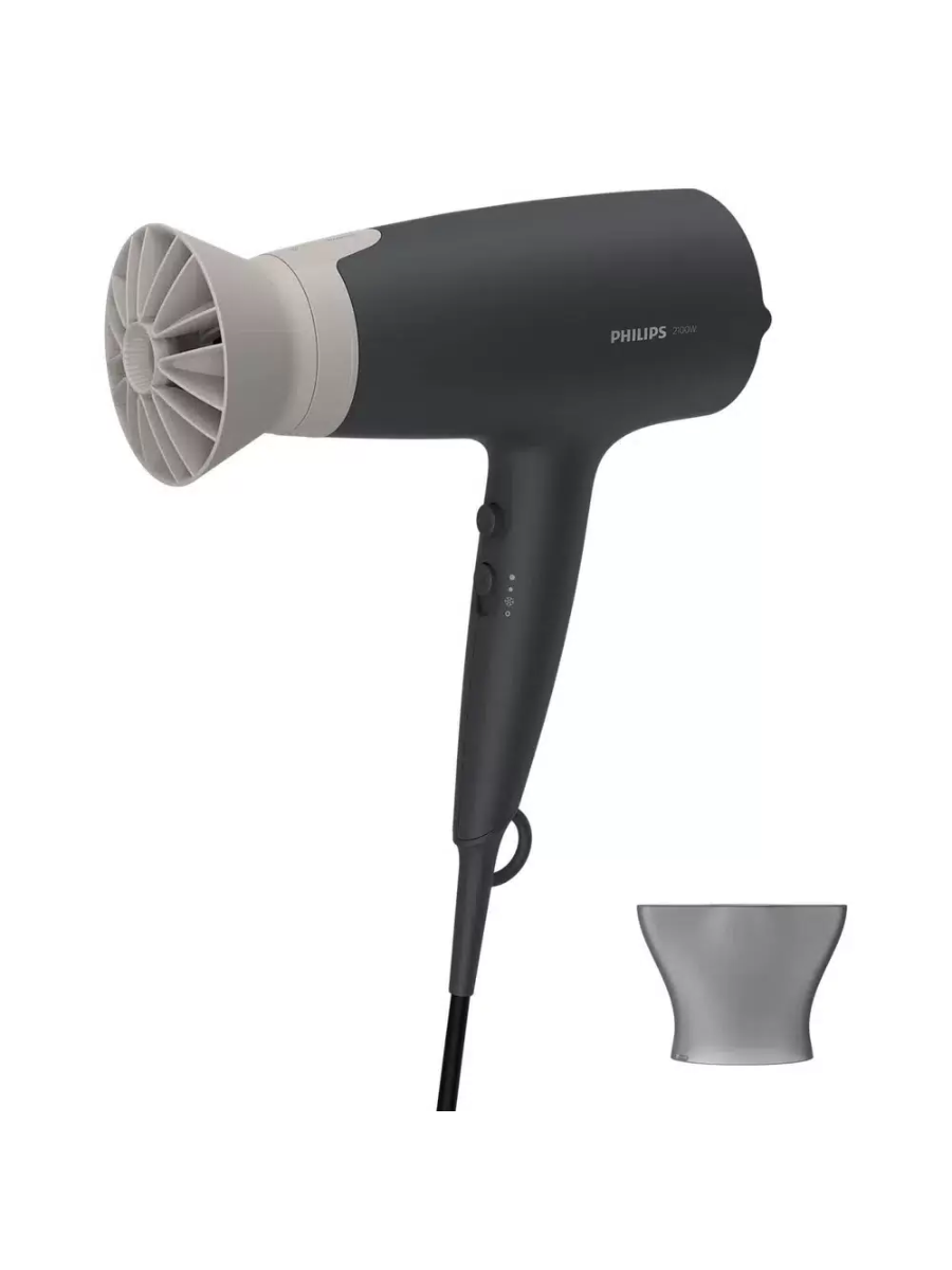 Фен для волос с насадками Philips BHD351/10, Мощность 2100 Вт, 3 температурных режима, Ионизация, Черный/Серый